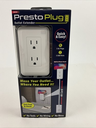 Presto Plug Wall Outlet Extender 4 ft Cord Peel & Stick As Seen On TV 2 ...