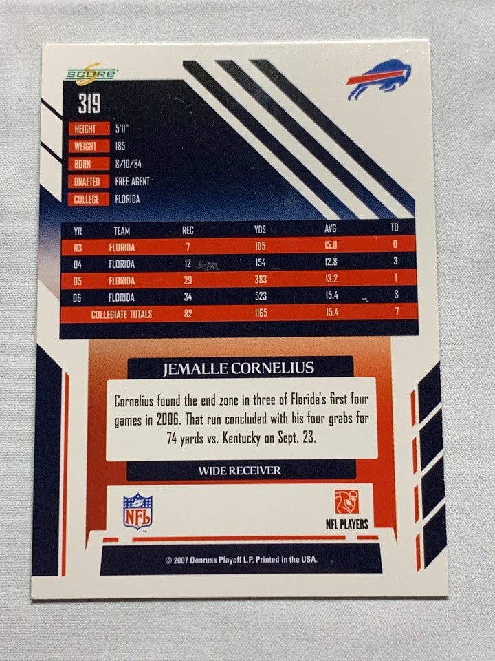 2007 Score Select Jemalle Cornelius Rookie RC #319 Bills | eBay
