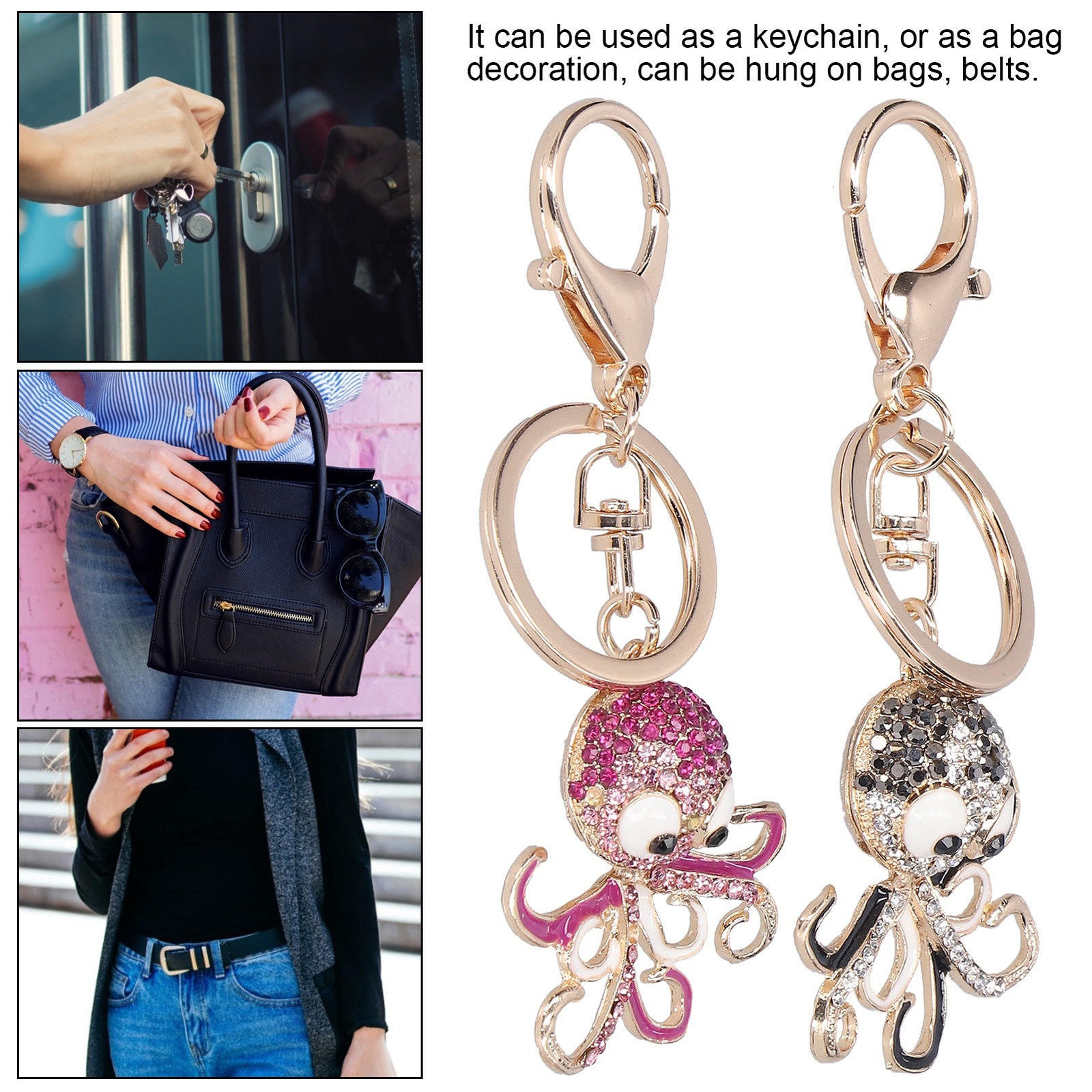 2x Octopus Shaped Rhinestones Keychain Key Ring Bag Pendant(Black+Rose ...