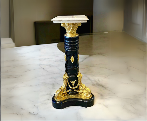 1980s Rococo Style Marble Topped Black Pedestal Column With Gold Leaf ...