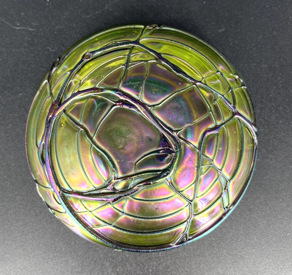 PALLME KONIG Art Nouveau Threaded Glass Bowl Green Iridescent Metal ...
