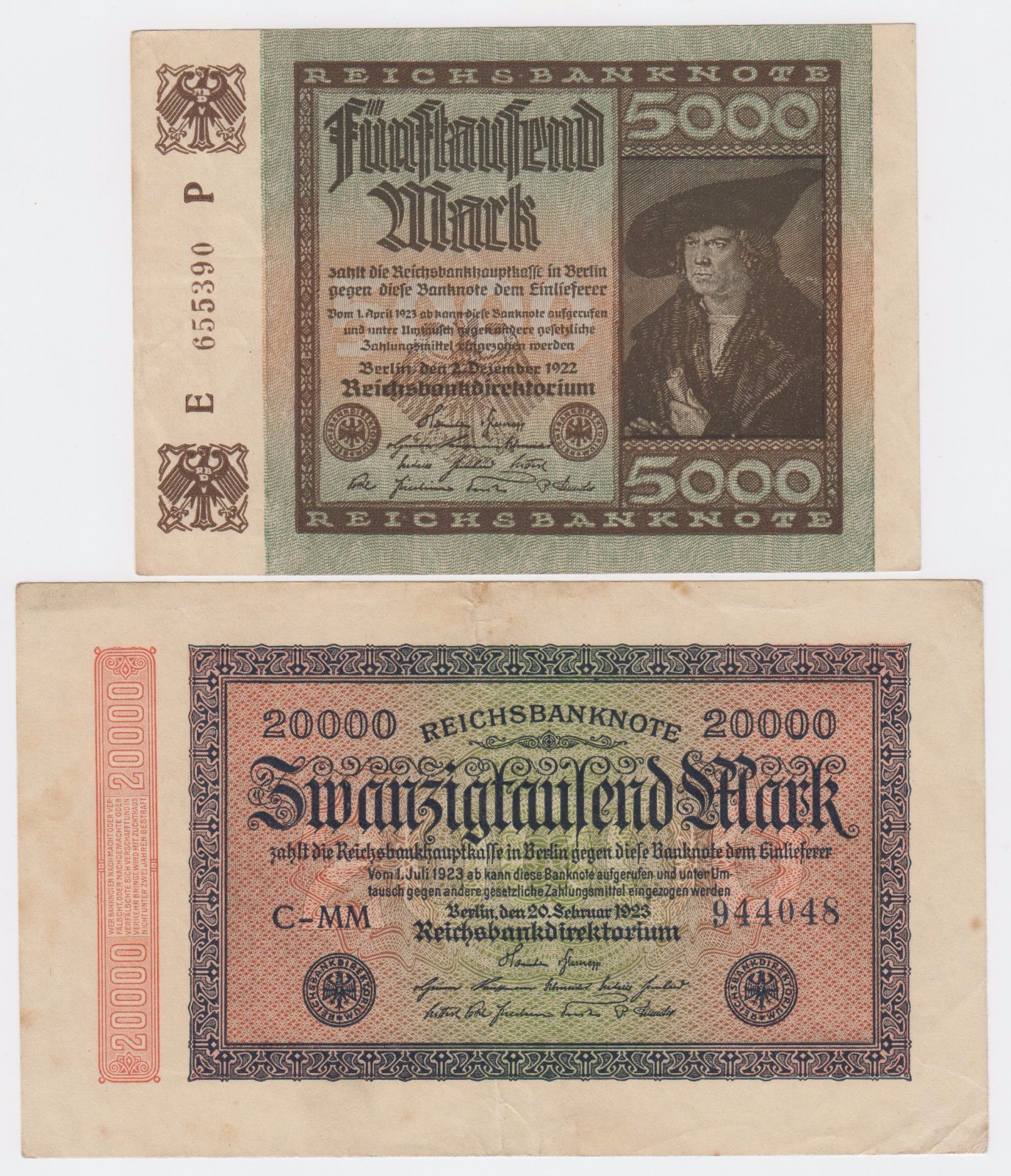 GERMANY REICHSBANKNOTE BERLIN 5000 Mark 1922 + 20000 Mark 1923 Weimar ...