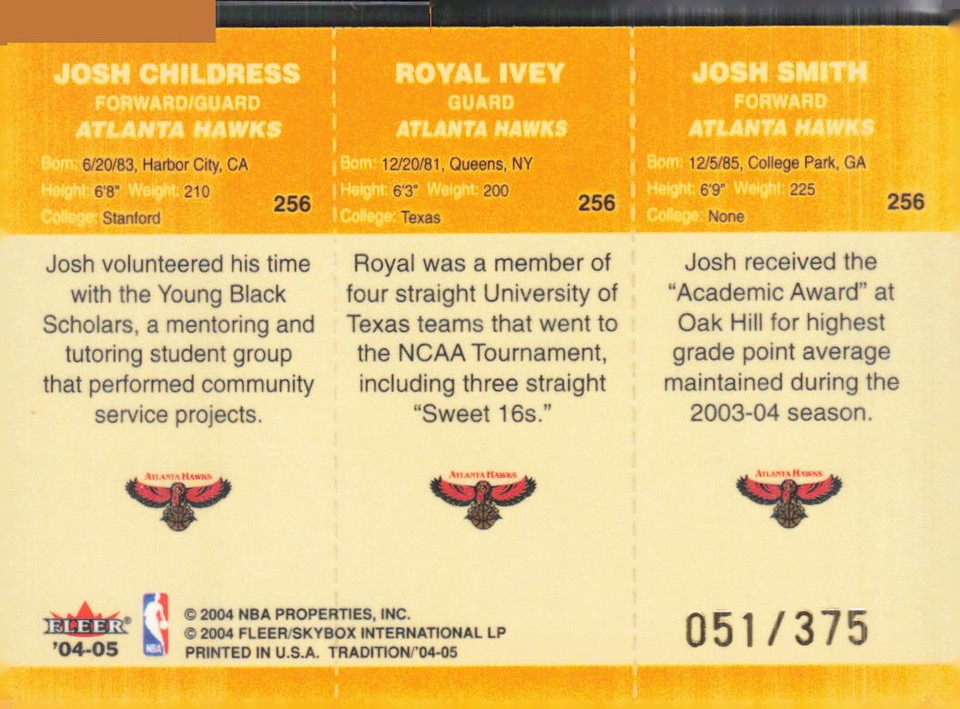 2004-05 Fleer Tradition Josh Childress/Ivey/Josh Smith Draft Day ...