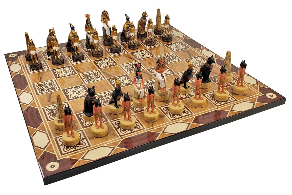 Egyptian Anubis Anubis Buff & Gold Chess Men Set With 17" Burlwood ...