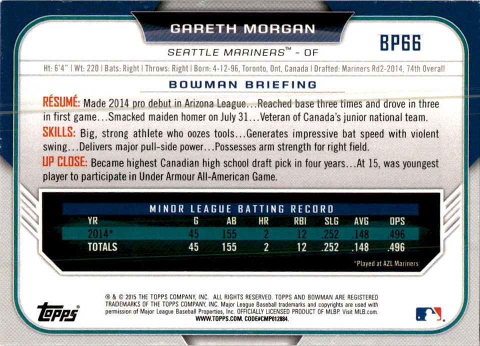 2015 Bowman Baseball Prospects Gareth Morgan #BP66 | eBay