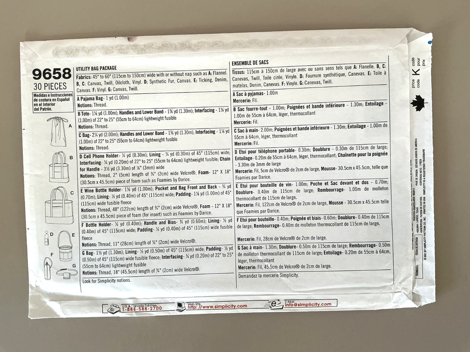 Simplicity Utility Bag Package Pattern 9658 UNCUT | eBay