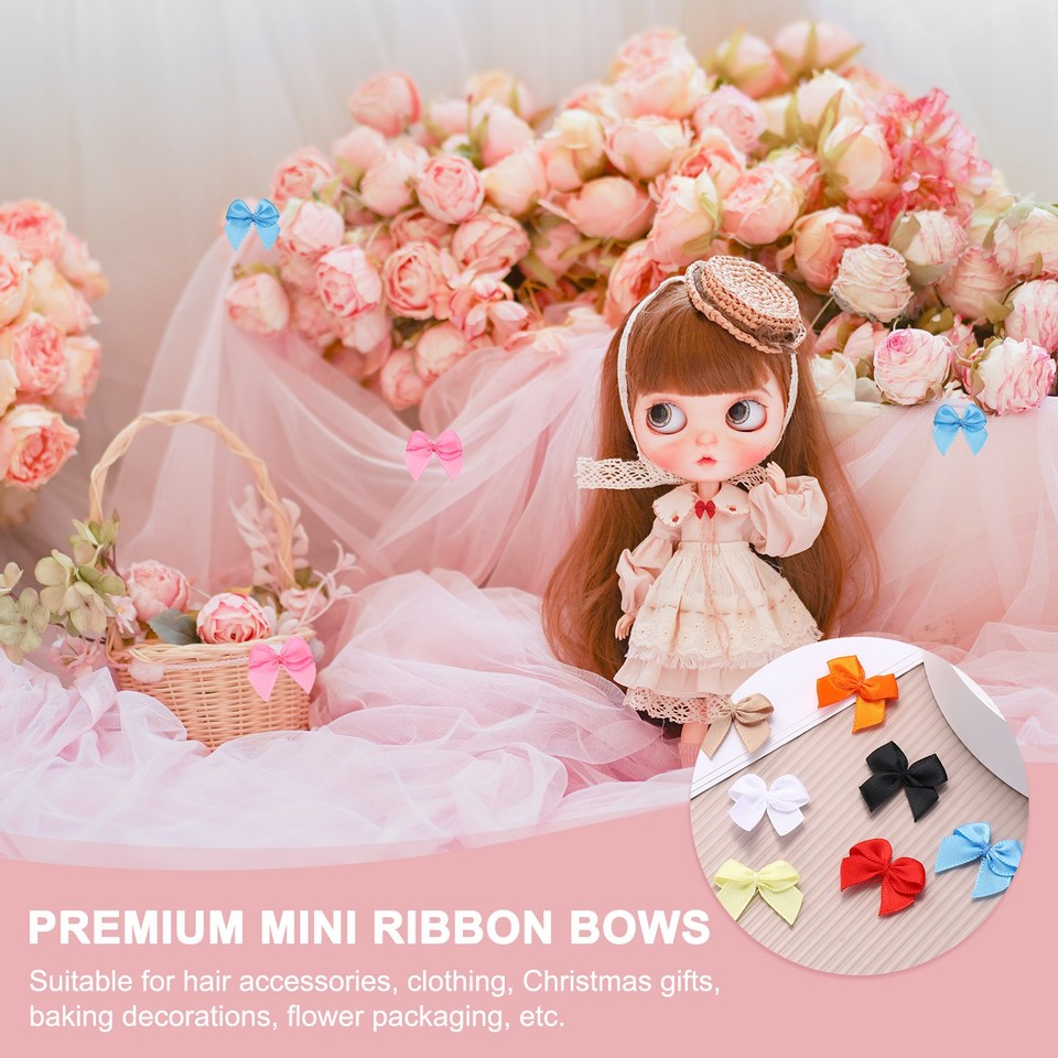 60 Pcs Mini Ribbon Bow 3/4" Mini Fabric Satin Ribbon Flower Bows, Blue ...