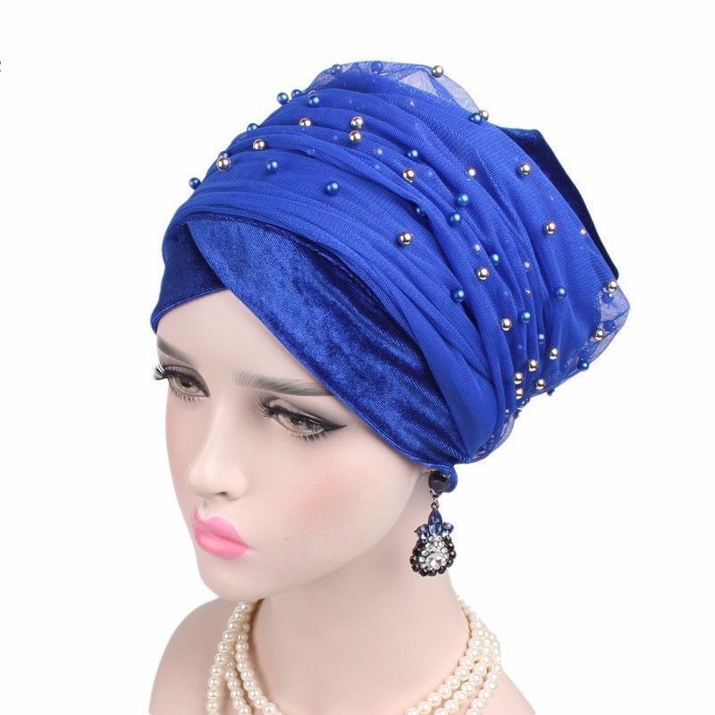 Luxury Women Gold Beaded Mesh Head Wrap Velvet India Turban Hijab Long ...