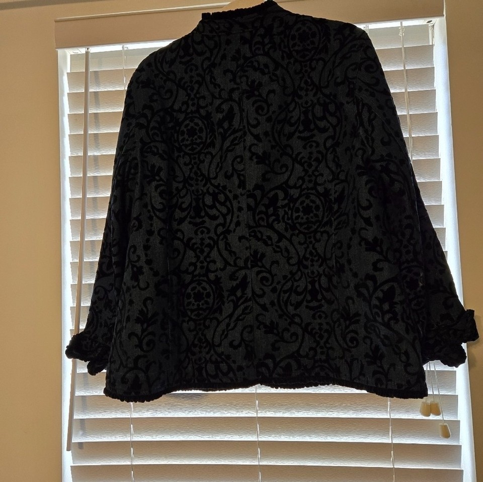 Chico's Size 3 / Size XL Denim Jacket With Black Velvet Scroll Print | eBay