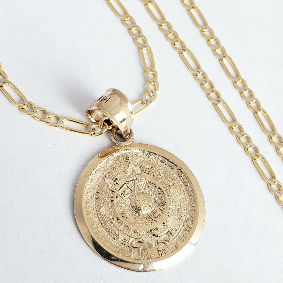 14k Yellow Gold mayan Aztec Calendar Pendant Charm and figaro chain set ...