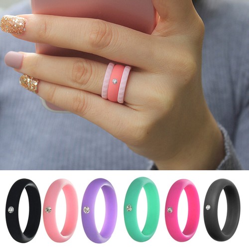 Women Rhinestone Rings Rubber Ring Band 5mm Silicone Ring Finger Rings ...