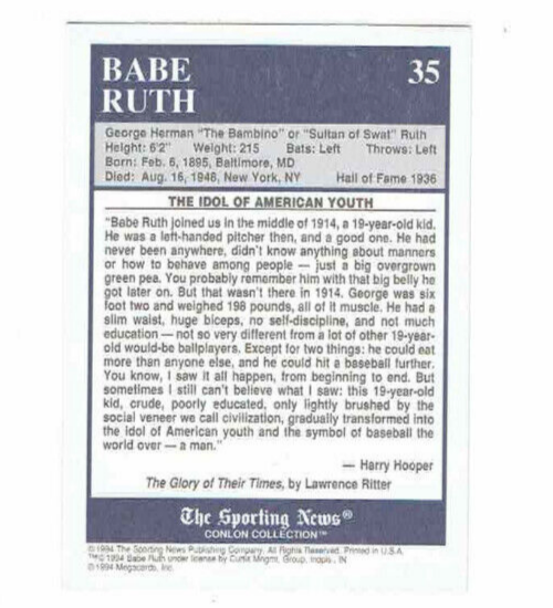 Babe Ruth #35 Sporting News Conlon Collection 1994 Great Stories ...