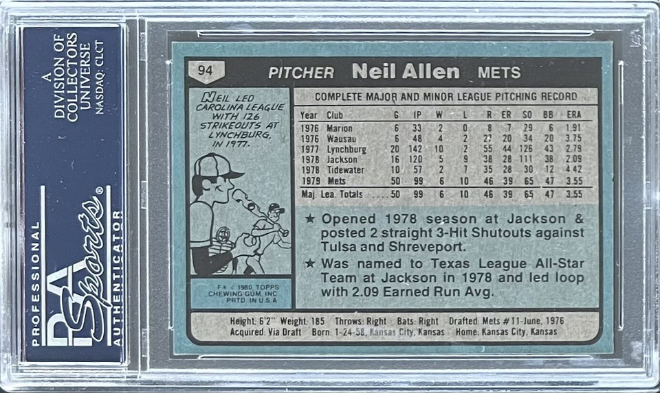 1980 TOPPS #94 ROOKIE NEIL ALLEN PSA 9 MINT METS | eBay