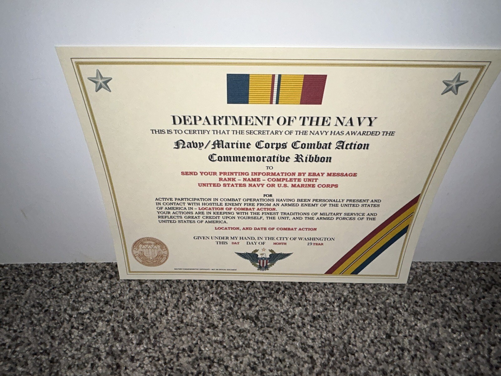 NAVY/USMC COMBAT ACTION COMMEMORATIVE RIBBON CERTIFICATE ~ W/PRINTING T ...