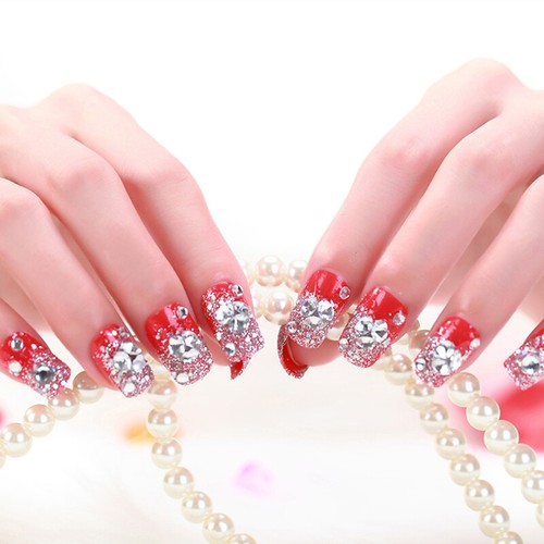 24 Pcs/Set Women Girl Bride Red 3D Fake Nails Wrapped Tips Artificial ...