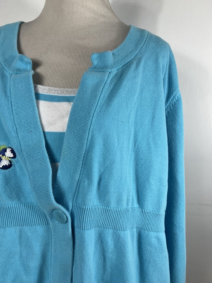 Quacker Factory 2X Sweater Cardigan Aqua Blue Floral Embroidered Spring ...