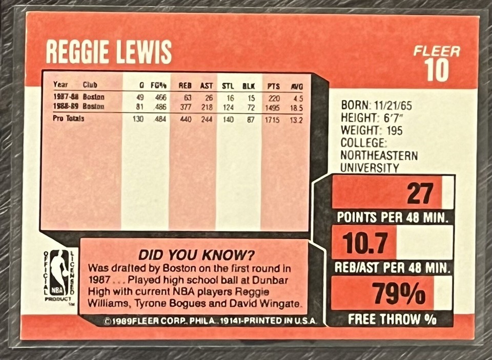 1989-90 Fleer #10 REGGIE LEWIS Rookie RC 🏀 Boston Celtics 🏀 FREE ...