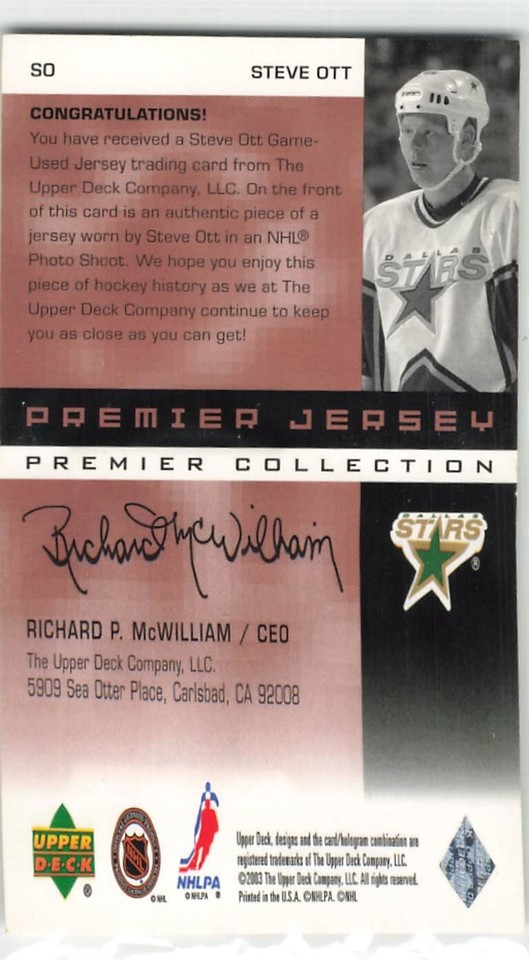 Steve Ott 02-03 Upper Deck Premier Collection Game Used Jersey Bronze ...