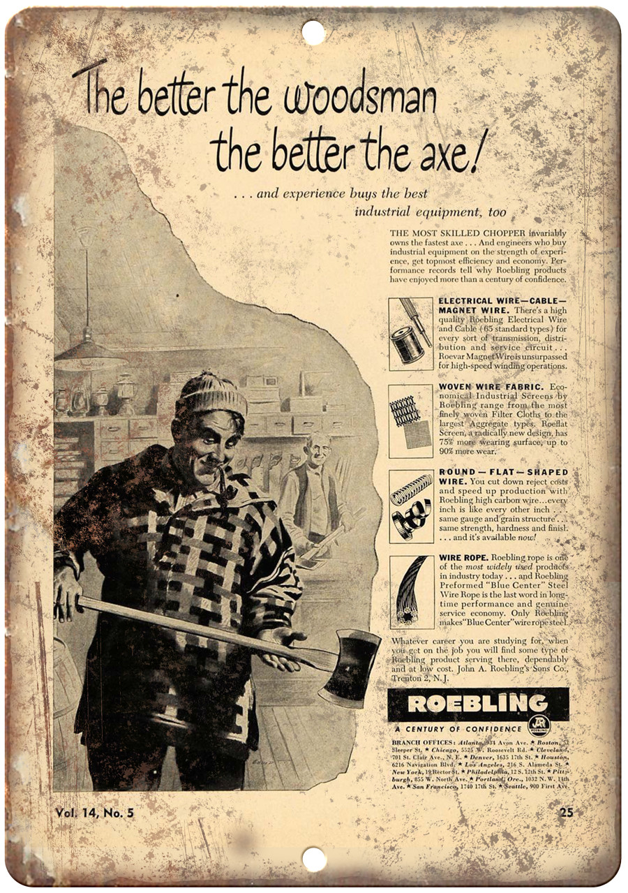 Roebling Woodsman Axe Vintage Ad 12" x 9" Reproduction Metal Sign Z44 ...