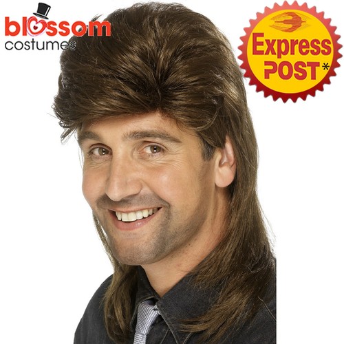 W498 Brown Mullet Wig 70s 80s Rock Bogan Retro Mens Party Costume ...