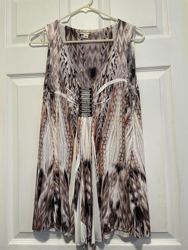 WORLD UNITY top shirt shell L 10 Bust 40 Length 30 White/Black/Brown ...