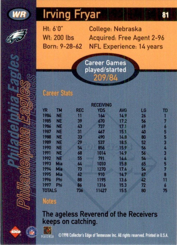 1998 Collector's Edge First Place Irving Fryar Philadelphia Eagles #81 ...