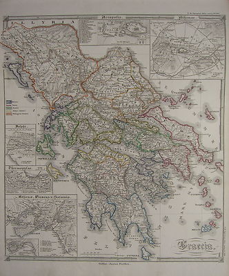 1850 SPRUNER ANTIQUE HISTORICAL MAP ~ GREECE ATHENS PIRAEUS DELPHI ...