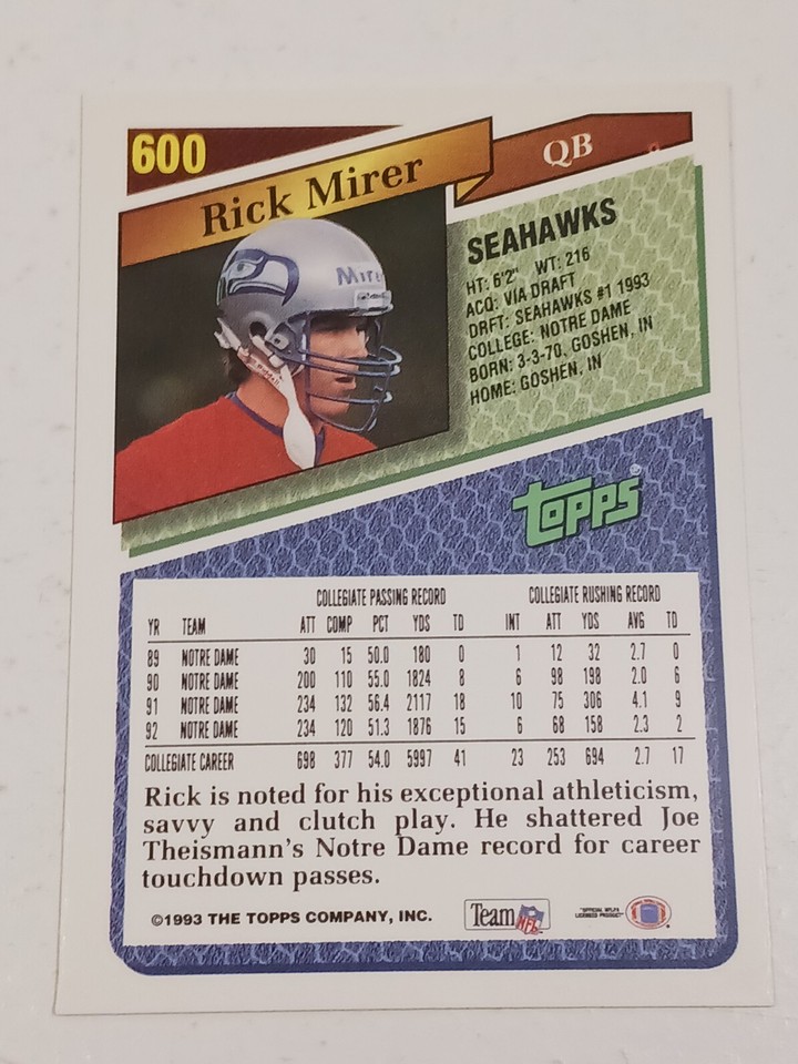 Rick Mirer Seattle Seahawks 1993 Topps Rookie Card #600 | eBay