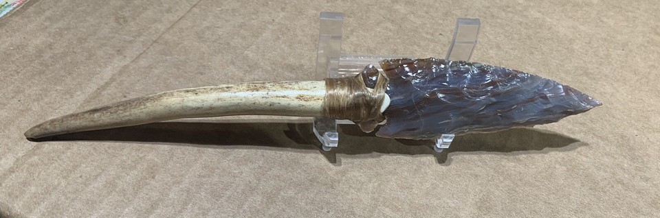 Flint Knapped Agate Stone Arrowhead Blade W/ Antler Handle Knife 8 ...