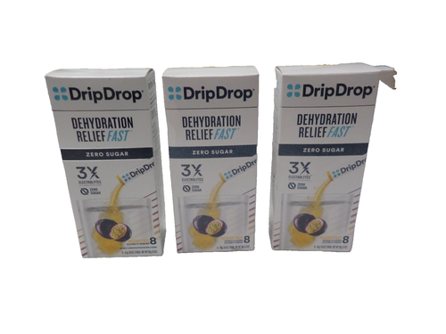 Drip Drop Zero Sugar Passion Fruit Hydration 8 Packets x 3 Boxes, 24 ...