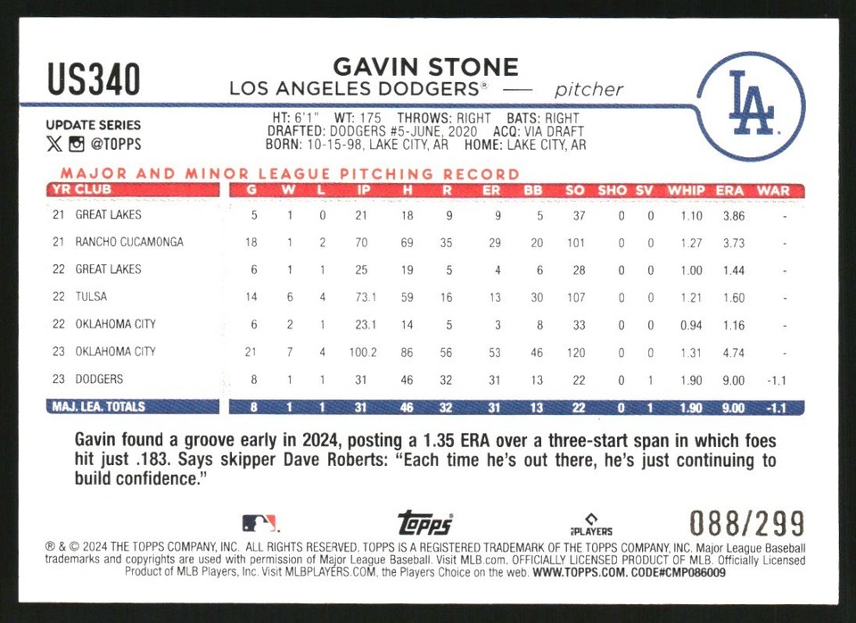 2024 Topps Update Orange Crackle Foil #US340 Gavin Stone /299 | eBay