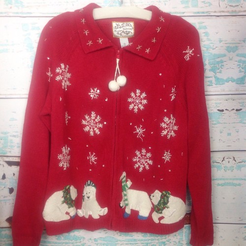 Ugly Christmas Sweater Polar Bear Red Snowflake L SNL Jimmy Fallon Vtg ...