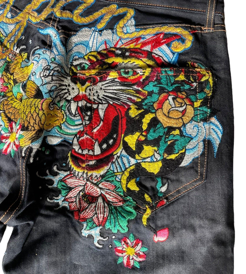 RARE Ed Hardy Dark Wash Japan Tiger Dragon Floral Tattoo Jeans Mens ...