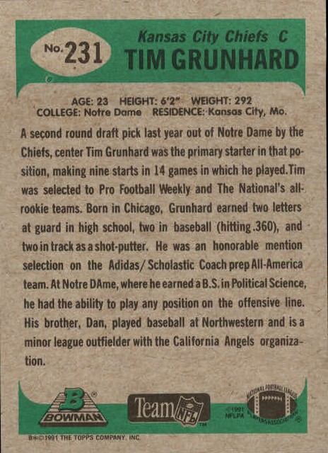 1991 Bowman - #231 Tim Grunhard for sale online | eBay