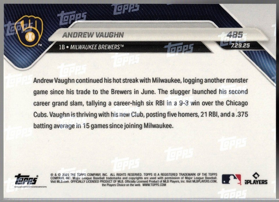 2025 Topps Now GOLD Foil #485 Andrew Vaughn Baseball Card Brewers 10/50 ...