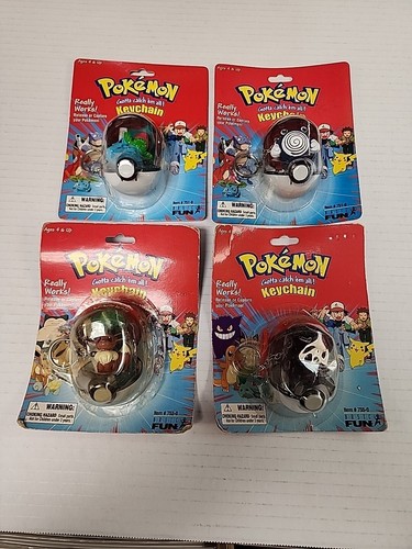 1999 Basic Fun Pokemon Keychain Lot Of 4 Gengar, Polliwhirl, Eevee and ...