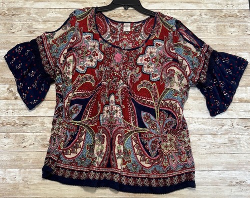 Bila Blouse Womens XXL Open Shoulder Multicolor Boho Peasant Round Neck ...