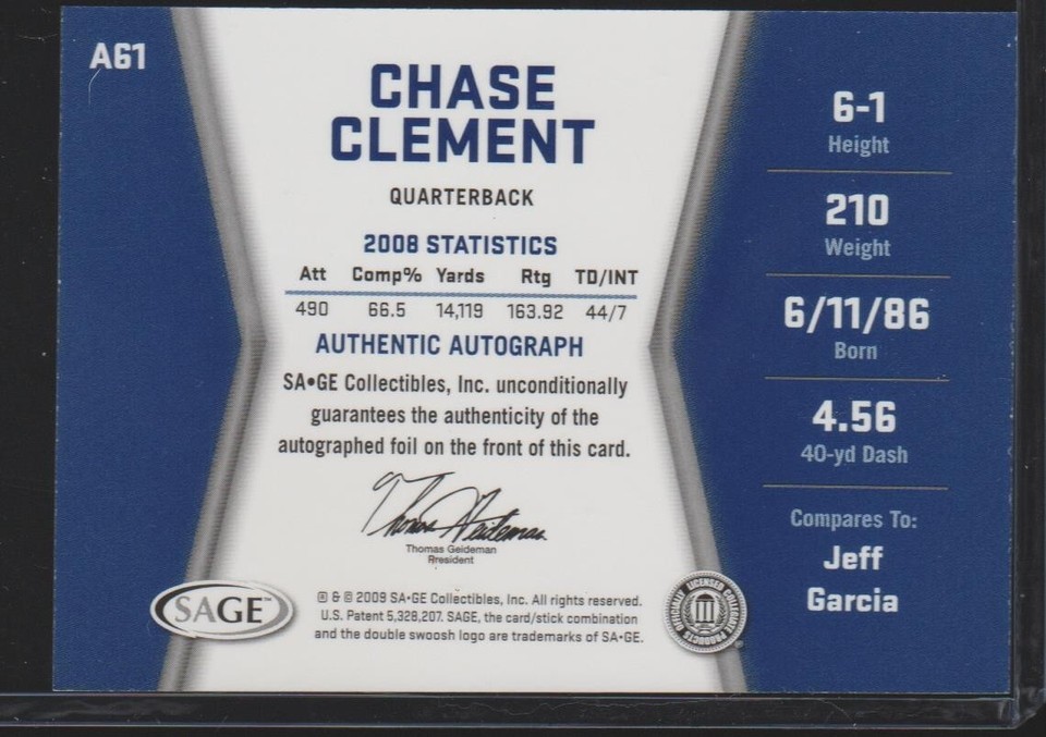 Chase Clement 2009 Sage Hit Silver Rookie Autograph Mint+ | eBay