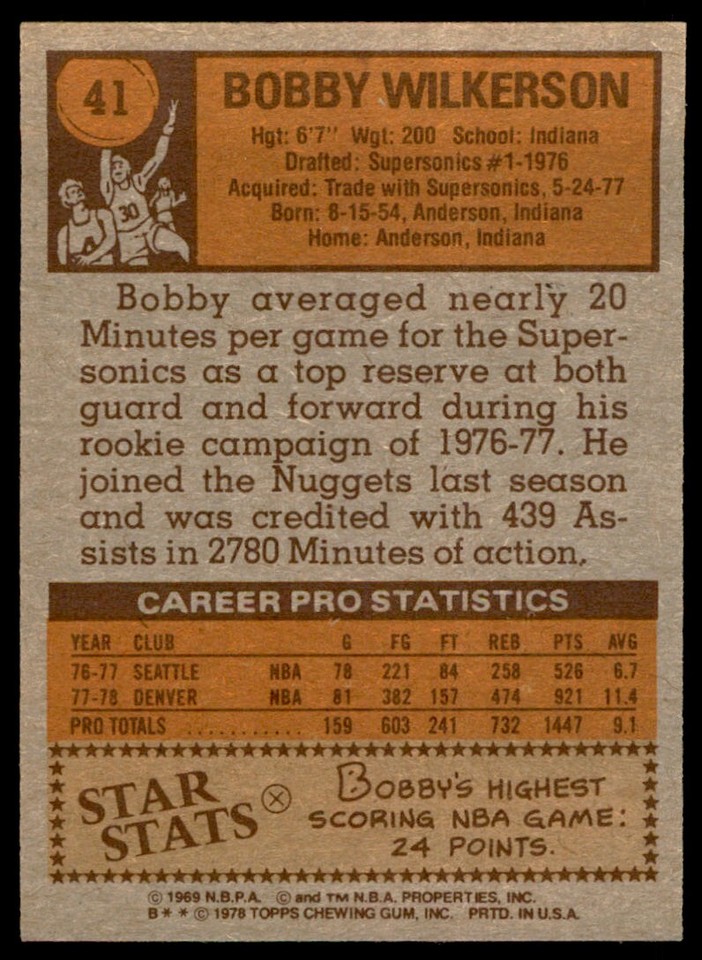 1978-79 TOPPS BOBBY WILKERSON ROOKIE . DENVER NUGGETS #41 | eBay