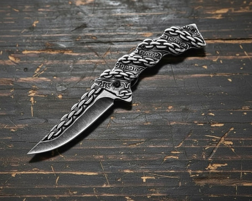 Chain‑Link Folding Knife 8" Full Steel EDC Stonewash Blade – Pocket ...
