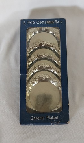 vintage silver chrome plated 6 pce coaster set HONG KONG in box unused ...