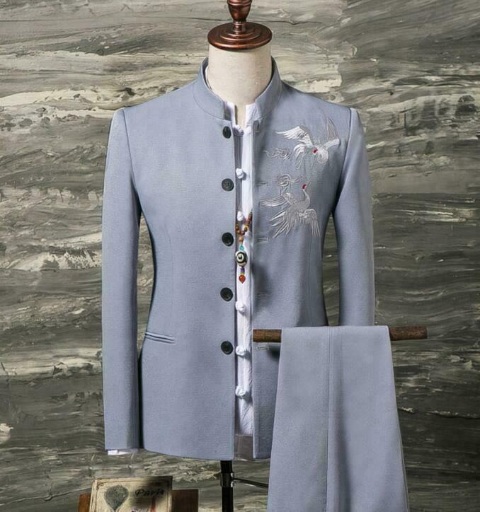 Men Chinese Style Embroidery Blazers Stand Collar Formal Slim Jacket ...