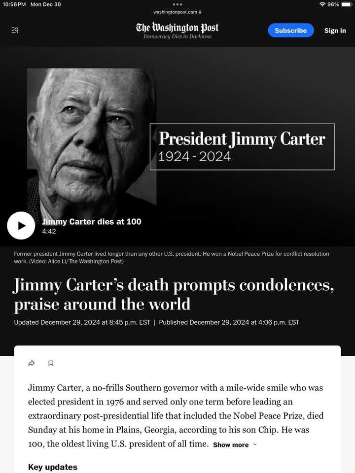NEW! PRESIDENT JIMMY CARTER DEATH WASHINGTON POST 12/30/24 COLLECTIBLE ...