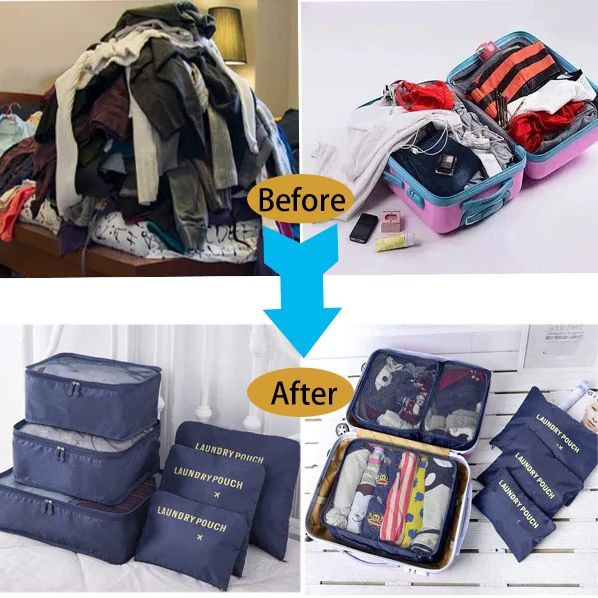 6PCS Packing Cubes Travel Pouches Luggage Organiser Clothes Suitcase ...