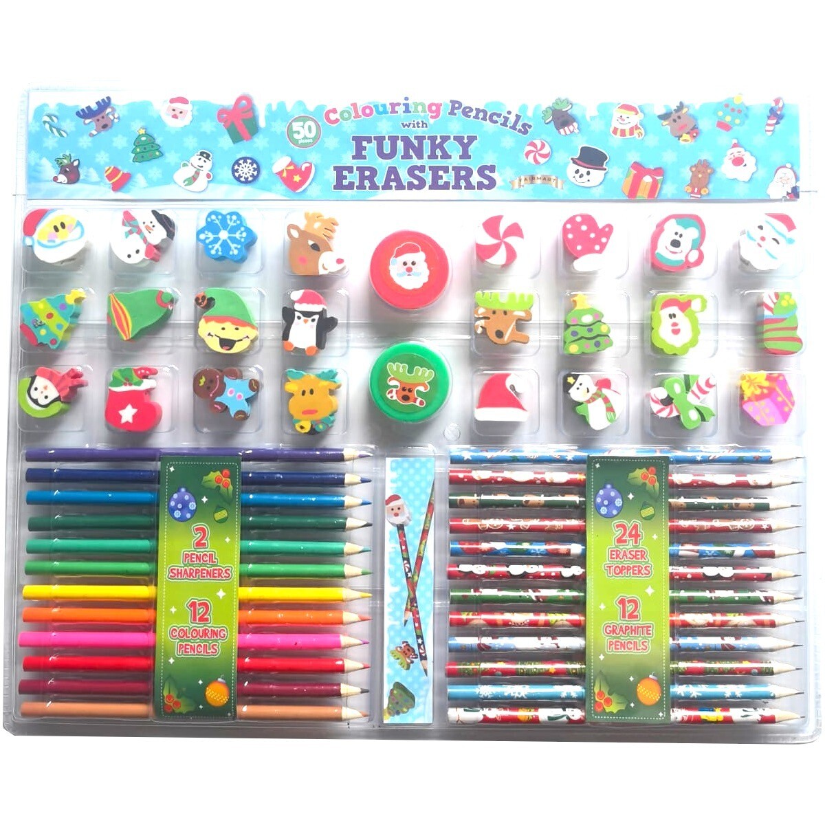 Kids 50 Pencil Set With Christmas Eraser Toppers Novelty Stationary ...