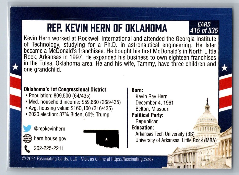 2021 Fascinating Cards 117th US Congress Kevin Hern Oklahoma GOP #415 ...