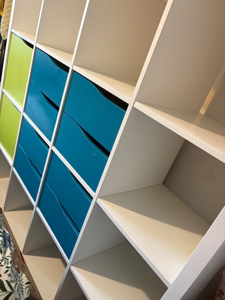 IKEA Kallax 4x4 Shelving Unit White, 147cm x 147cm with drawers & clock door | eBay UK