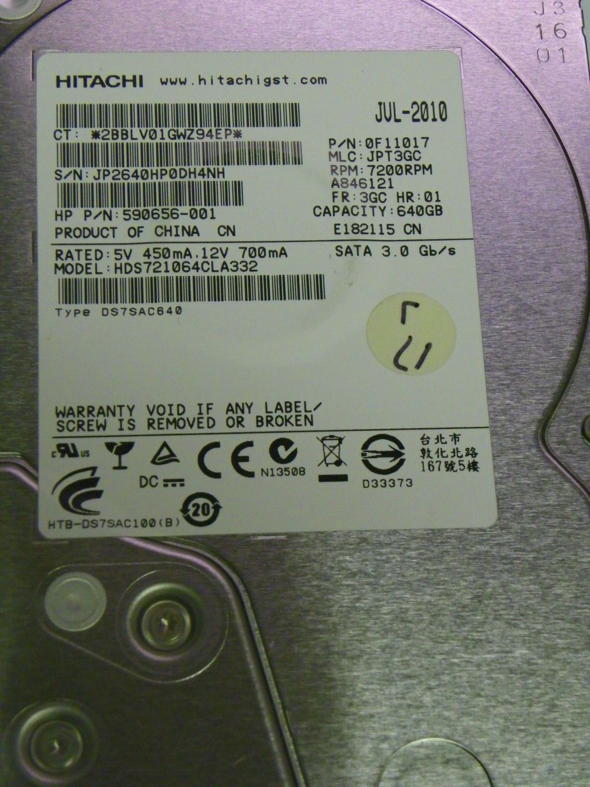 Hitachi HDS721064CLA332 P/N:0F11017 MLC: JPT3GC 640GB 3.5" SATA Hard ...