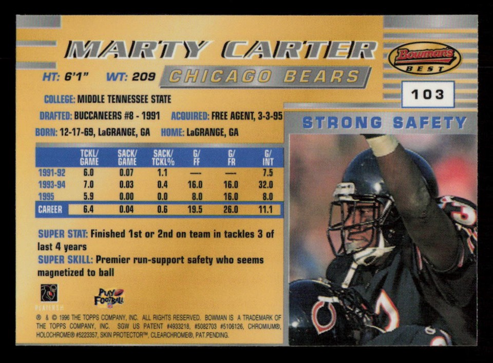 1996 Bowman's Best #103 Marty Carter Chicago Bears Football Card | eBay