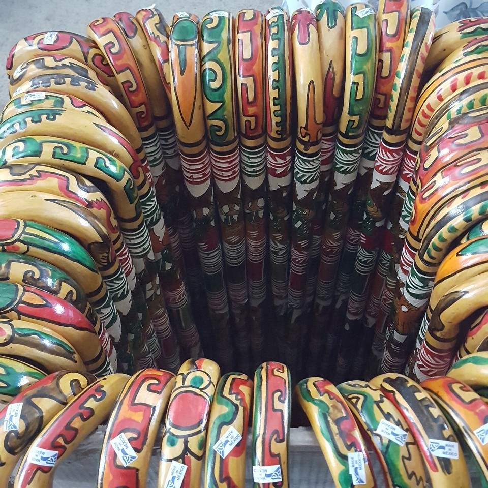 Hand Carved Wooden Cane Walking Stick Mexican Aztec Hand Painted Mexico ...